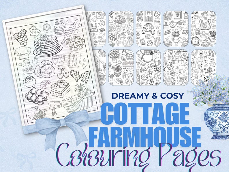 Cottage Farmhouse Printable Coloring Pages | Cozy Cottagecore Line Art ...
