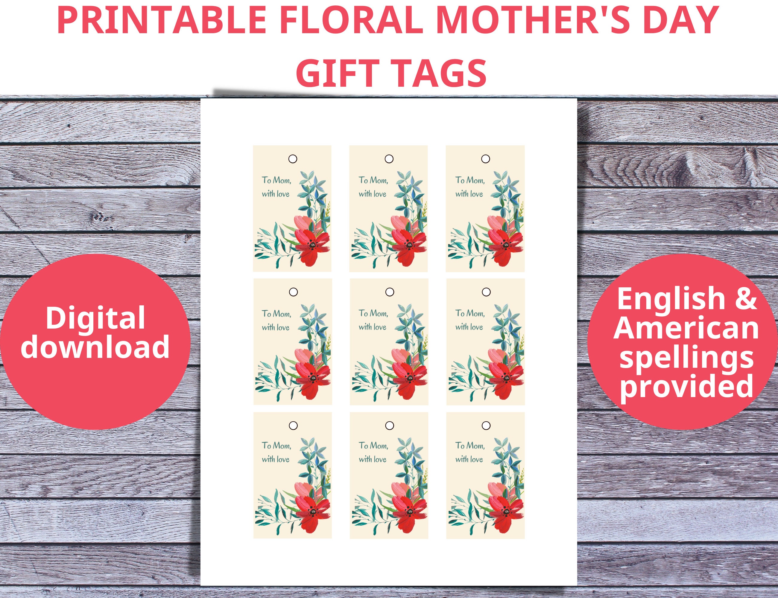 Mother's Day Printable Gift Tags, Floral Gift Tags for Mom, Instant ...