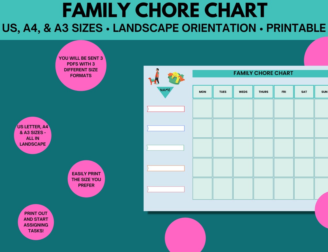 Family Chore Chart Printable, Chore Chart for Kids, Housework Planner ...