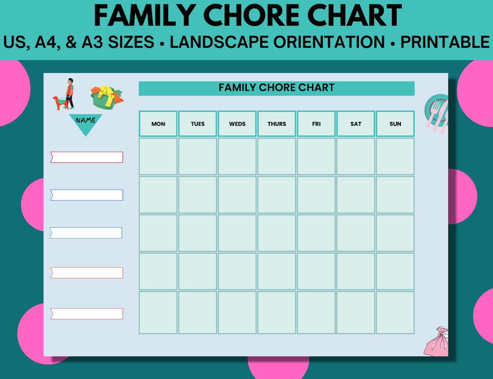 Family Chore Chart Printable, Chore Chart for Kids, Housework Planner ...