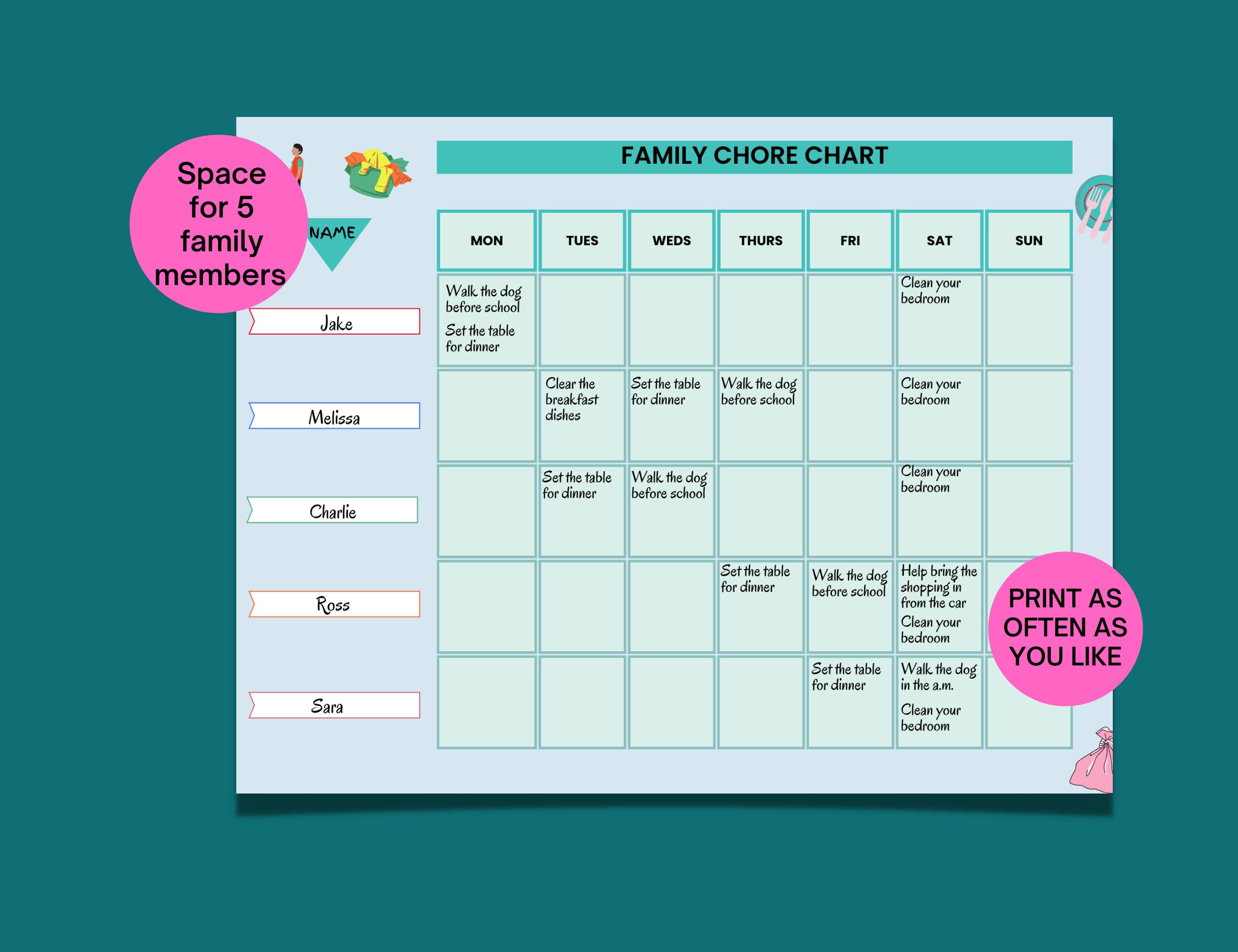 Family Chore Chart Printable, Chore Chart for Kids, Housework Planner ...