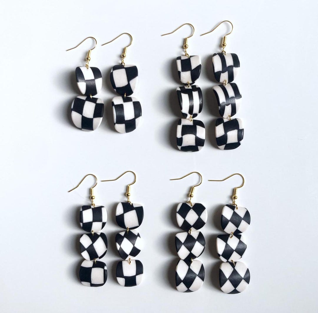 Checkered Black and White Earrings / Black & White Checkered Dangle Earrings / Lightweight ...