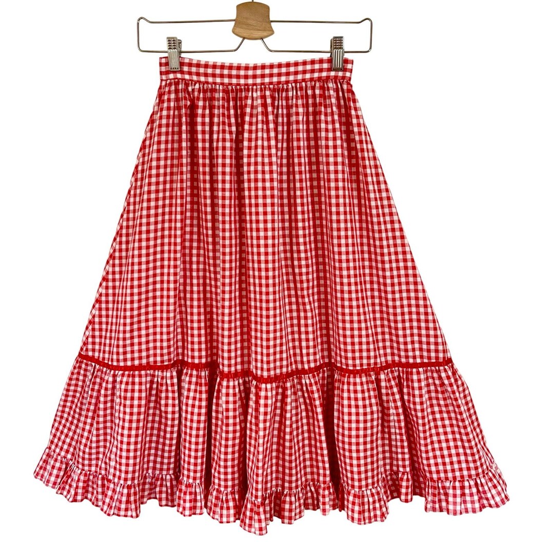 Vintage 70s Red White Gingham Midi Skirt Square Dance Western ...
