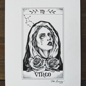 Virgo Zodiac Sign Print, Tarot Card, Pen and Ink Drawing, Astrology ...