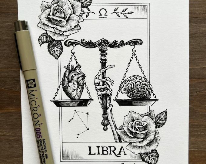 Libra Zodiac Sign Print, Tarot Card, Pen and Ink Drawing, Astrology ...