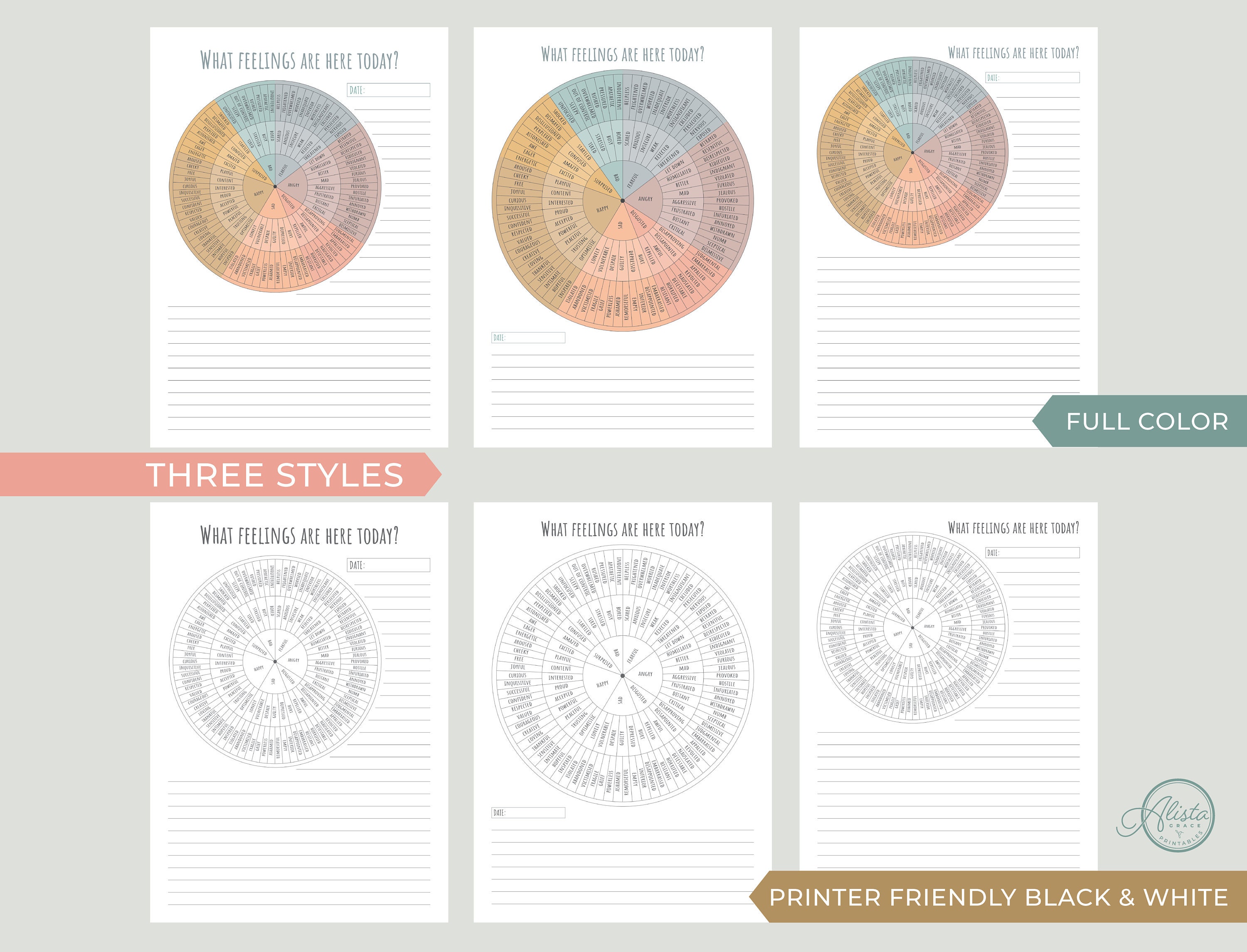 Wheel of Emotions, Feelings Journal, Mental Health, Therapy Worksheet ...