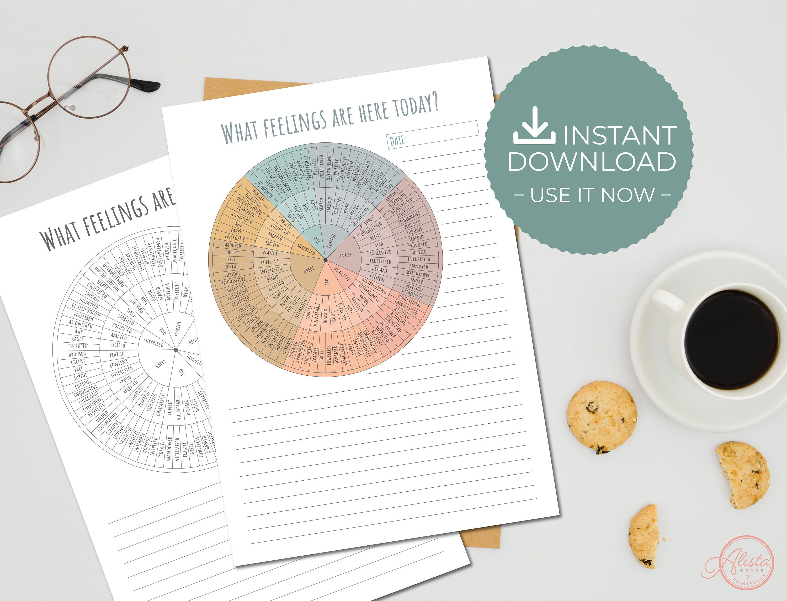 Wheel of Emotions, Feelings Journal, Mental Health, Therapy Worksheet ...