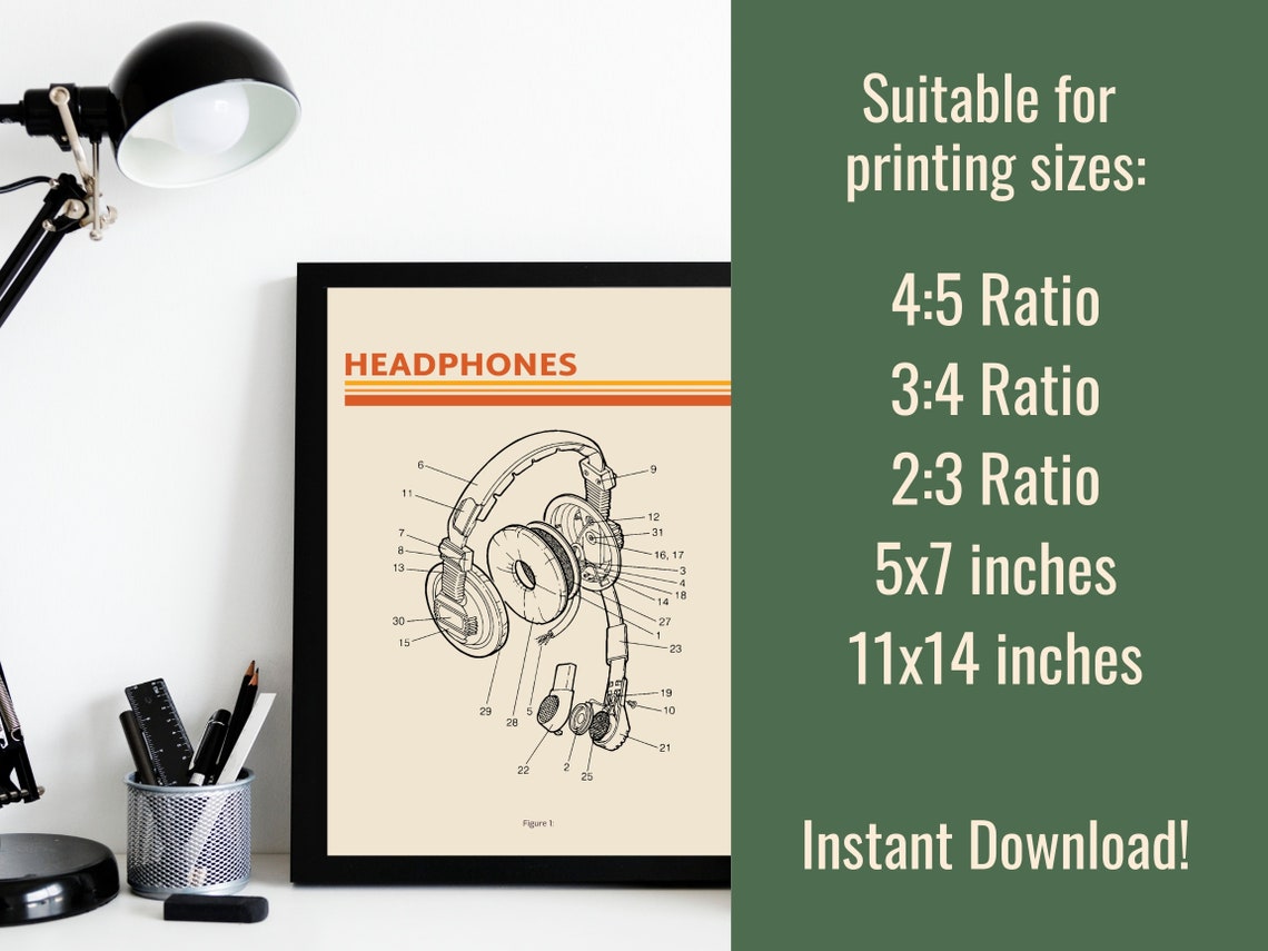 Headphones Print, Retro Wall Print, Vintage Print, Music Wall Art ...