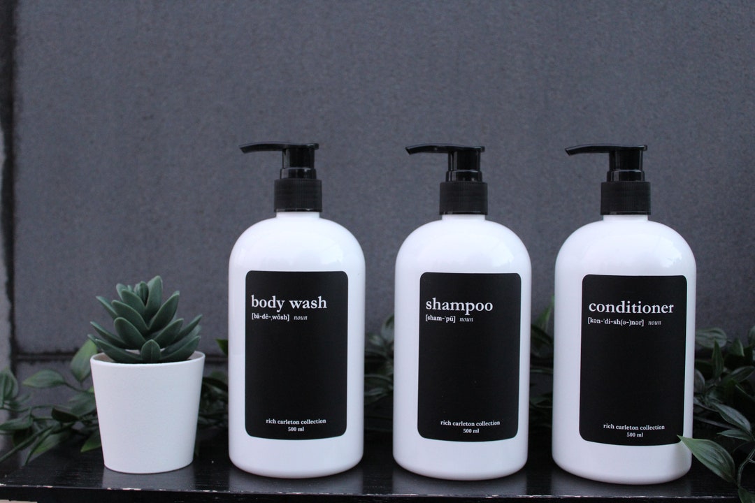 WHITE PLASTIC Hand Wash & Shower Bottles With BLACK Labels - Etsy