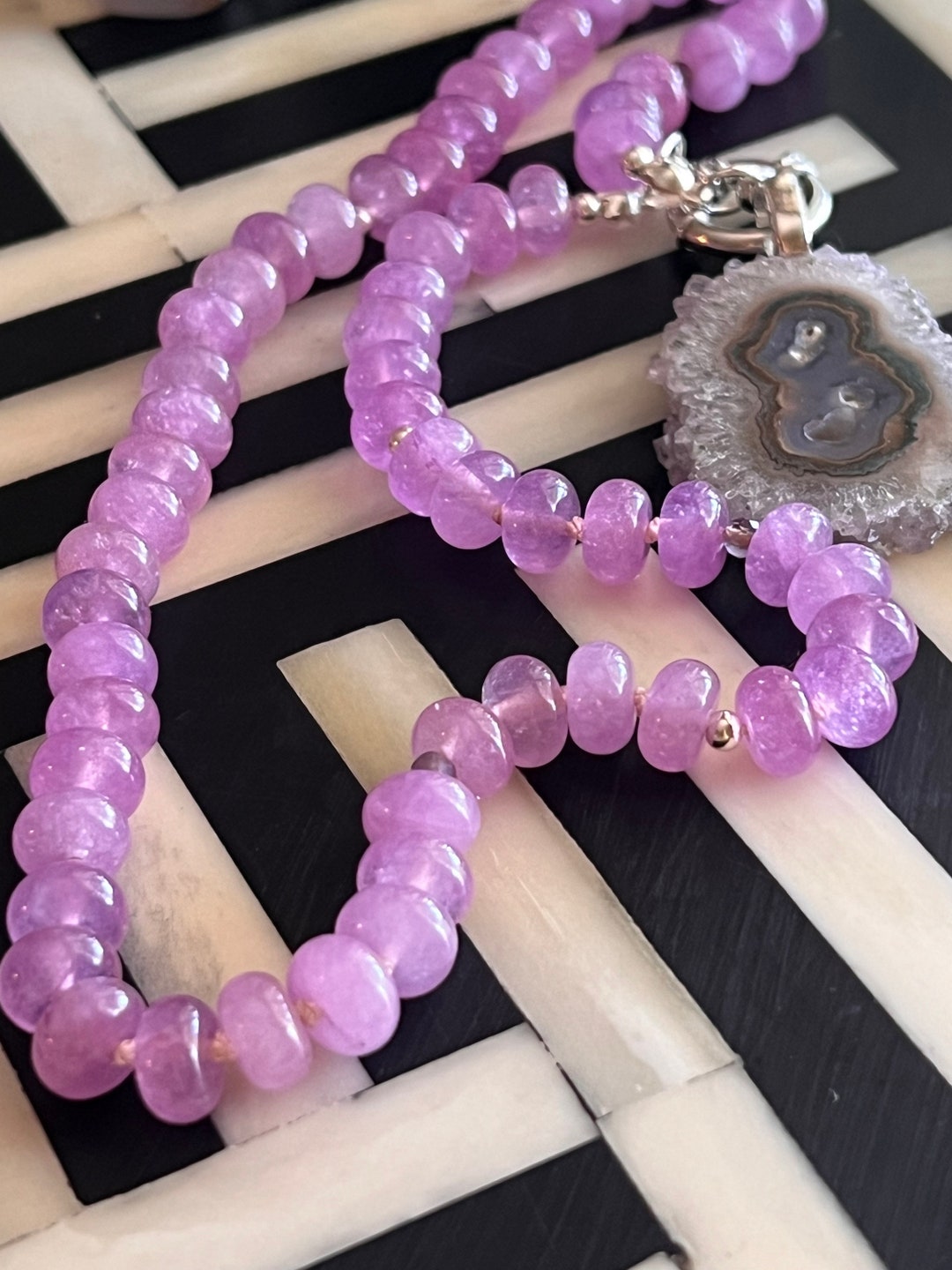 Silk Knotted Purple Angelite Amethyst Necklace Natural Gemstone Beaded ...
