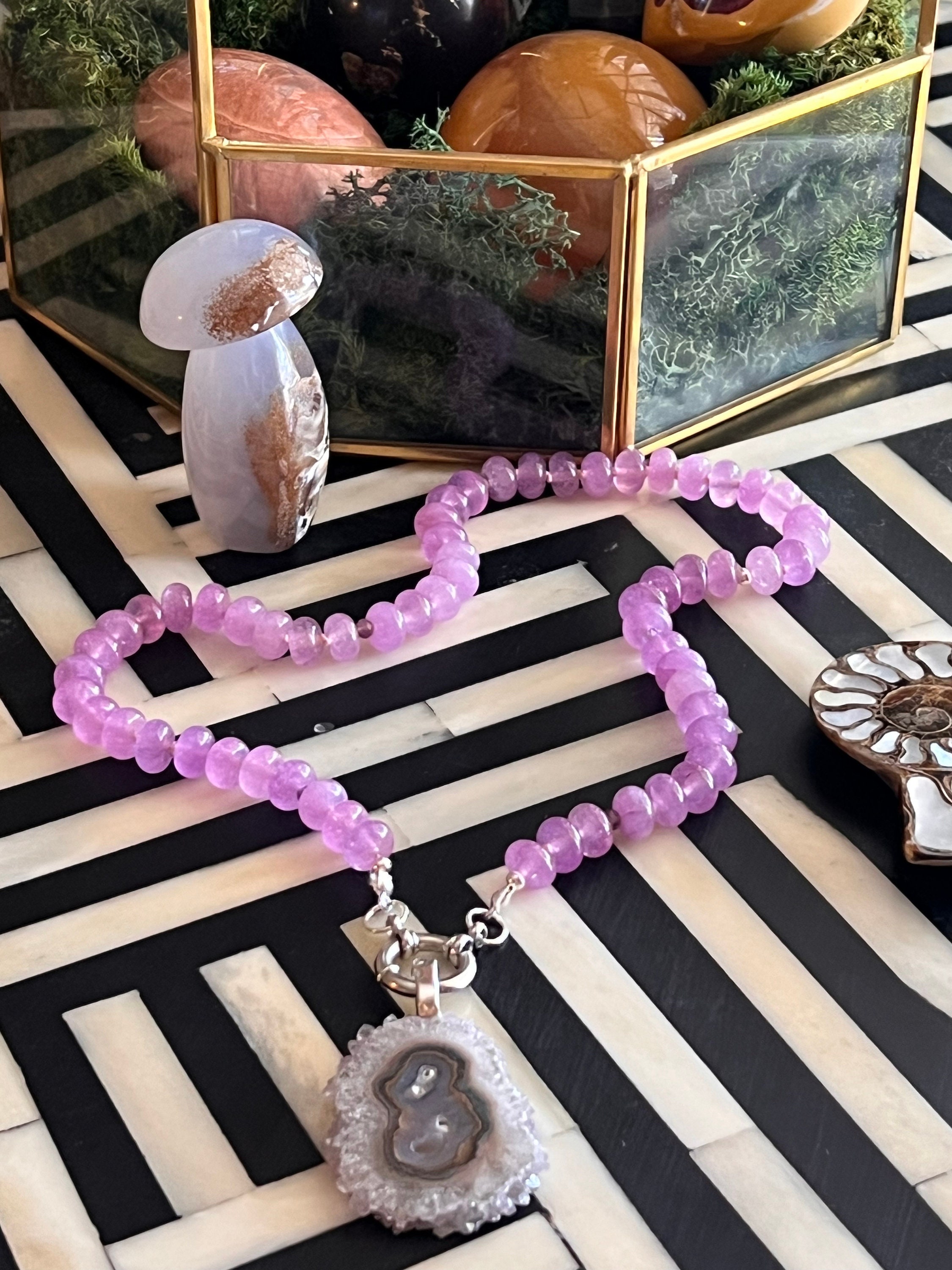 Silk Knotted Purple Angelite Amethyst Necklace Natural Gemstone Beaded ...