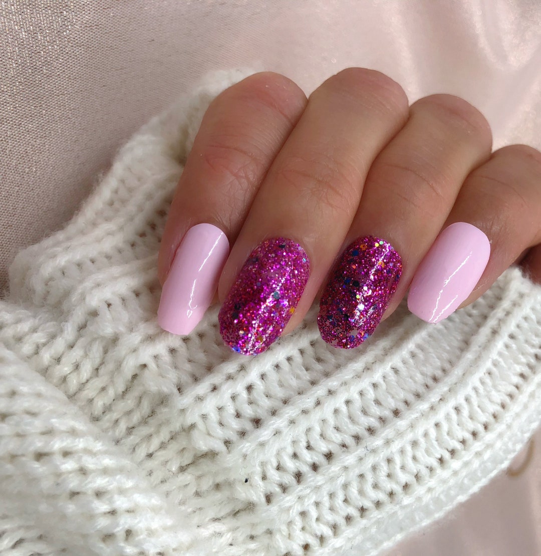 Soft Pink Nail Polish Wraps With Deep Pink Glitter Accent Nail - Etsy