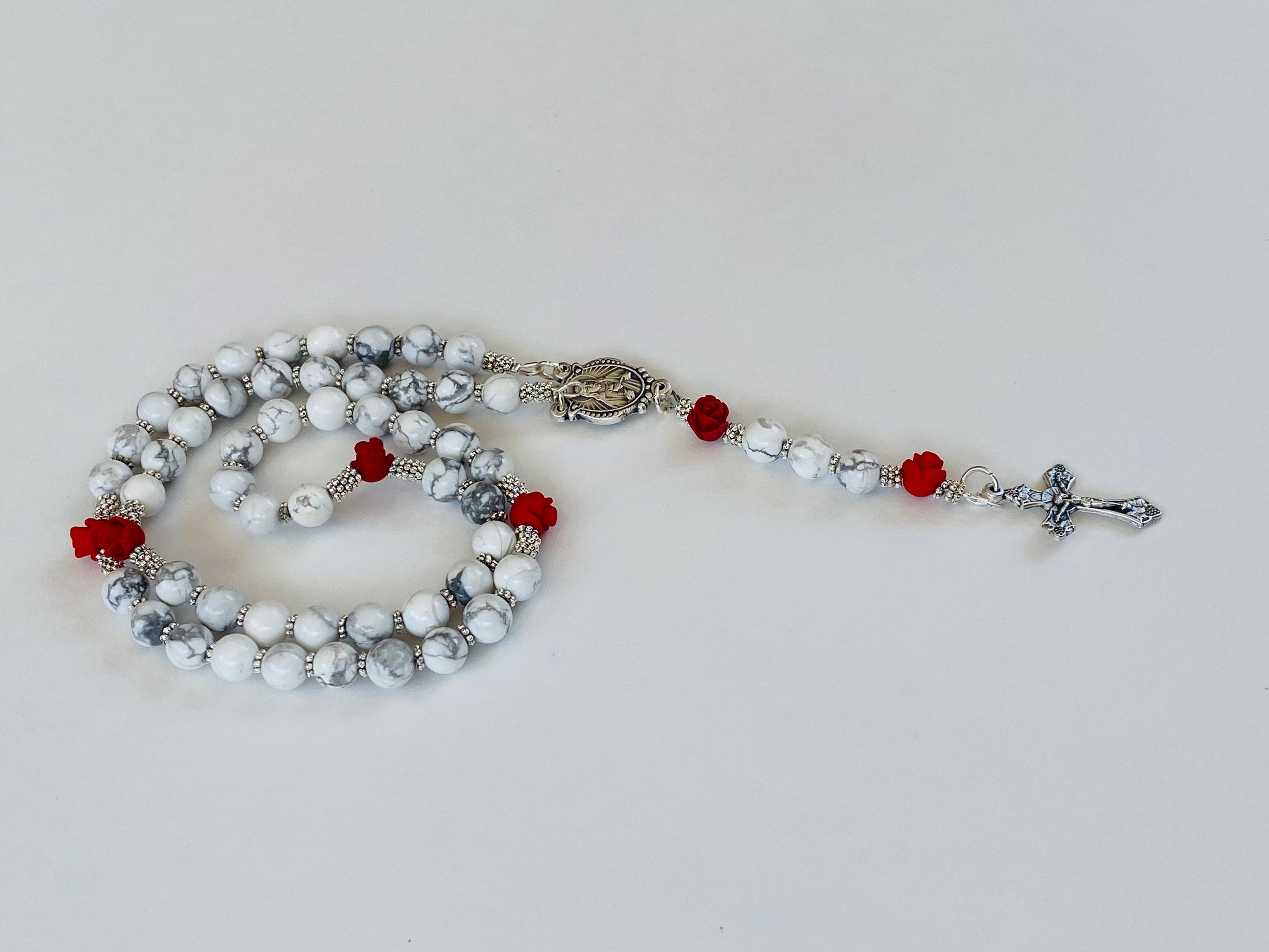 Red Roses Sacred Heart of Jesus Catholic Rosary, Natural Stone Howlite ...