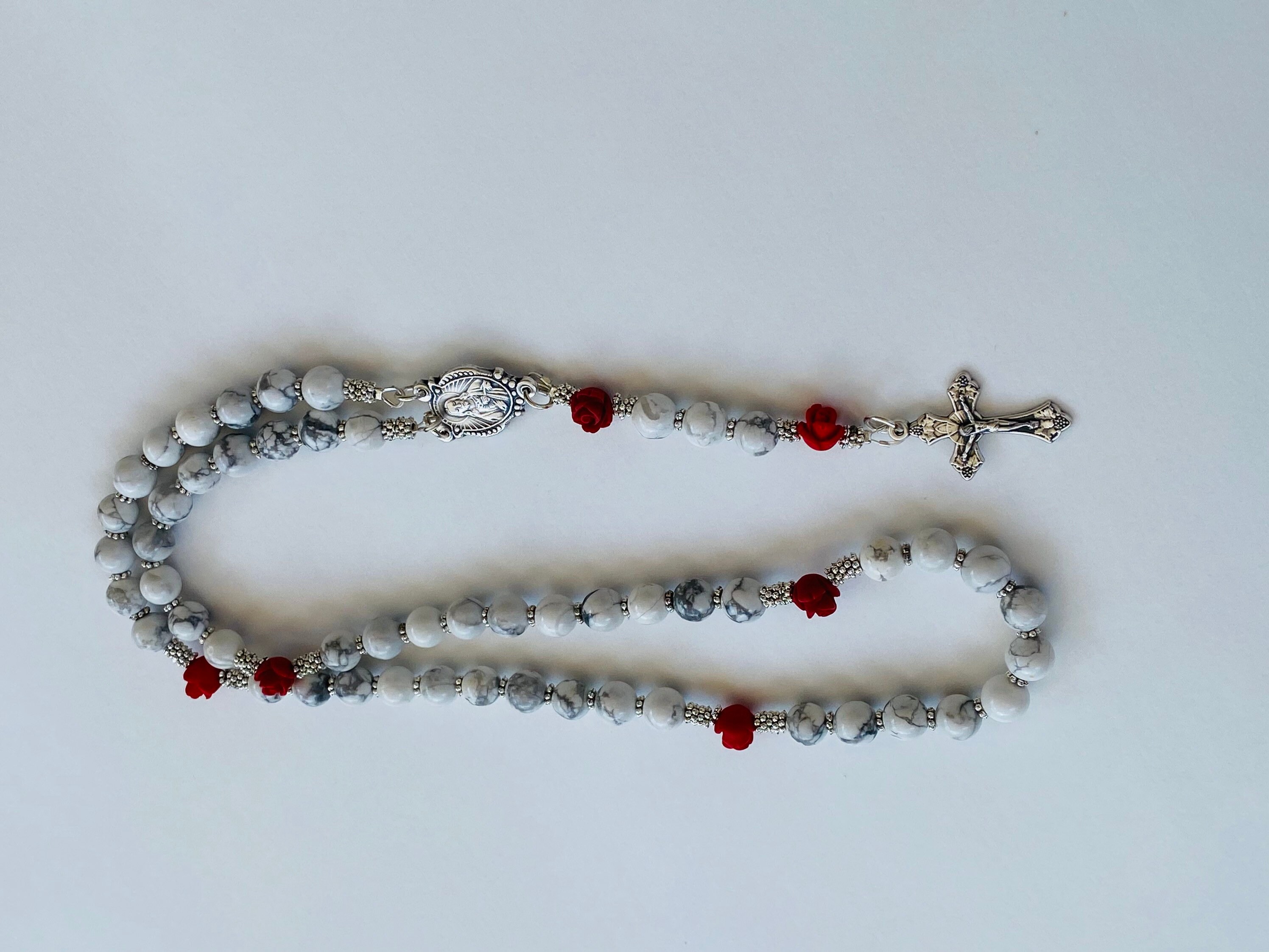 Red Roses Sacred Heart of Jesus Catholic Rosary, Natural Stone Howlite ...