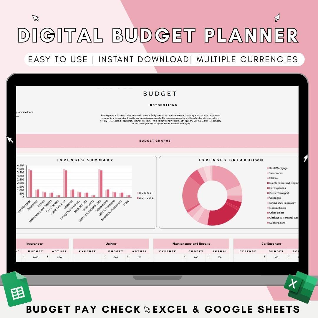 Digital Budget Planner Google Sheets & Excel | Monthly, Weekly Paycheck ...