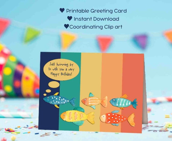 Printable Birthday Card Clip Art Set Fish Rainbow Greeting - Etsy