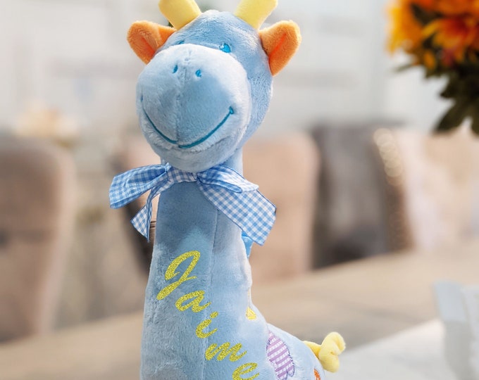 Personalized Giraffe Plush Toy Blue 14 Inches Tall With Rattle Inside ...