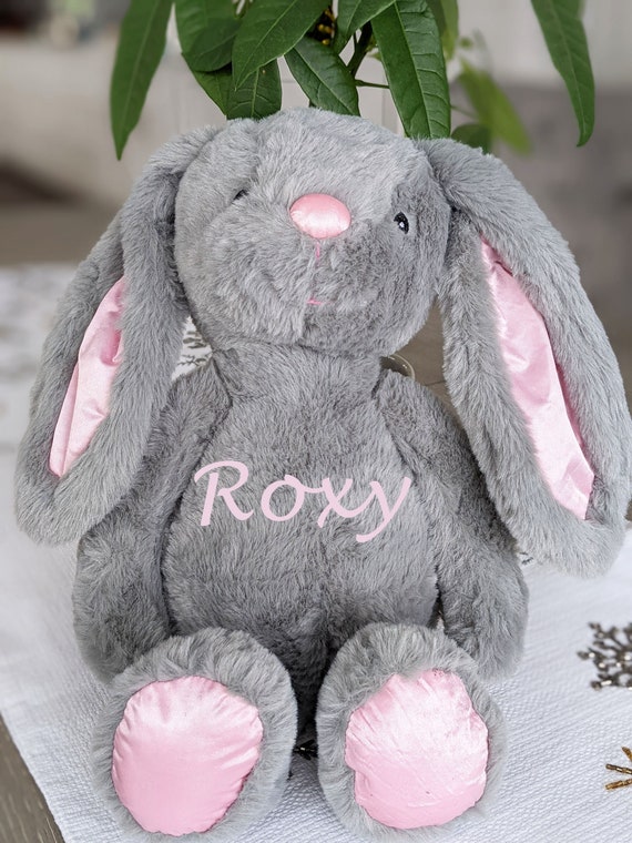Personalized Gray Bunny Plush Toy Super Soft Plushie With Pink - Etsy