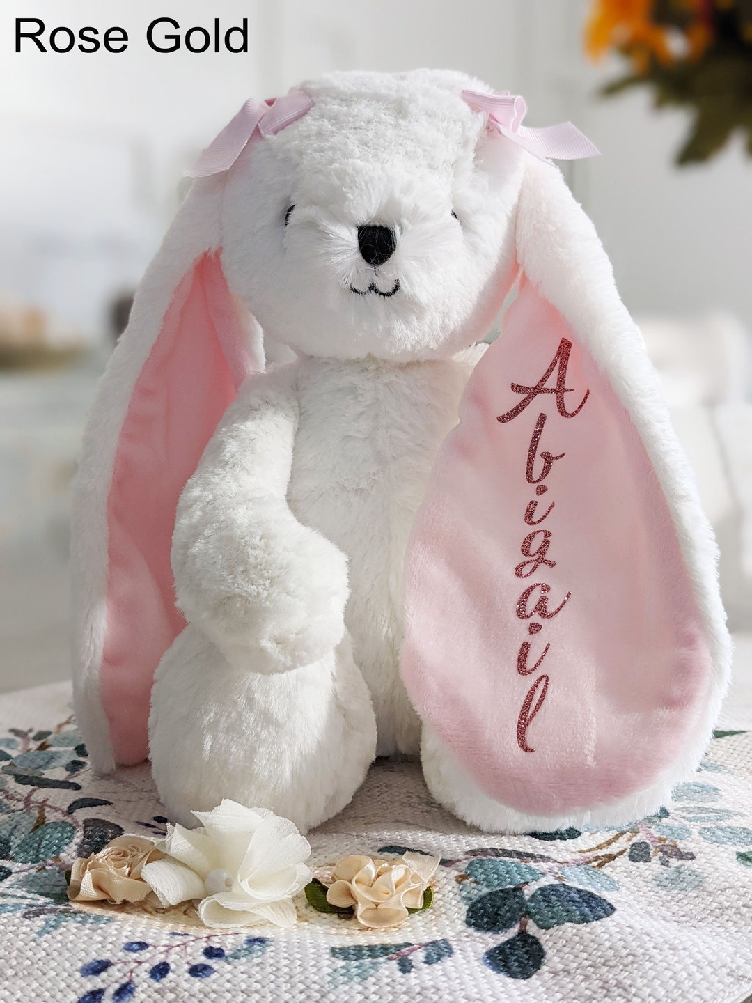 Customized White Bunny Plush for Baby Girl or Boy, Bunny With Pink Bows ...