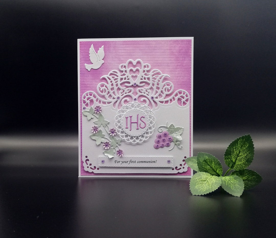 Handmade First Communion Card: Purple Pearl Cardstock, Lace & Gift Box ...