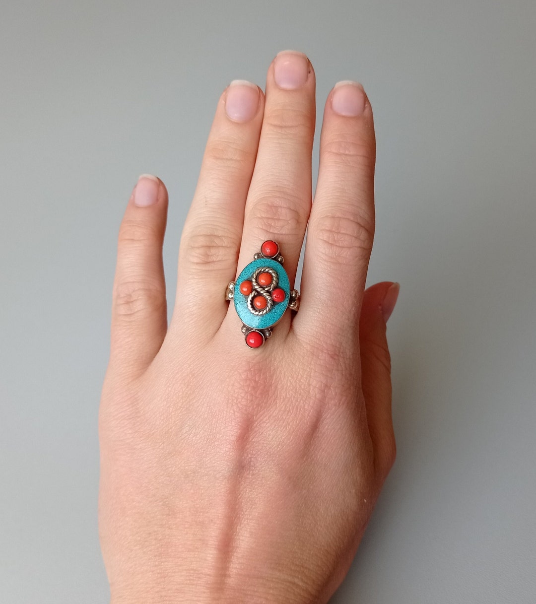Vintage Tribal Ring. Turquoise and Coral. From Morocco - Etsy