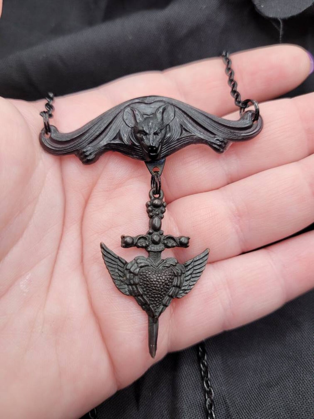 Goth Black Resin Vampire Bat With Dangling Gorh Sword and Winged Heart ...