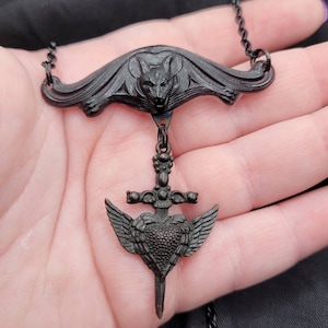 Goth Black Resin Vampire Bat With Dangling Gorh Sword and Winged Heart ...
