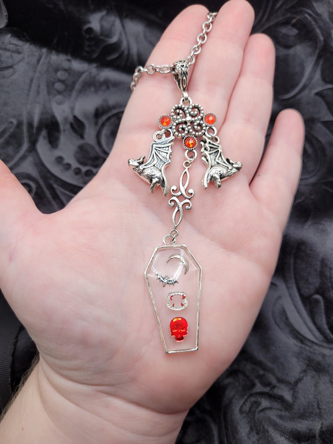 Silver and Red Goth Vampire Fang Bat Skull Coffin Charm Bezel Dangle ...