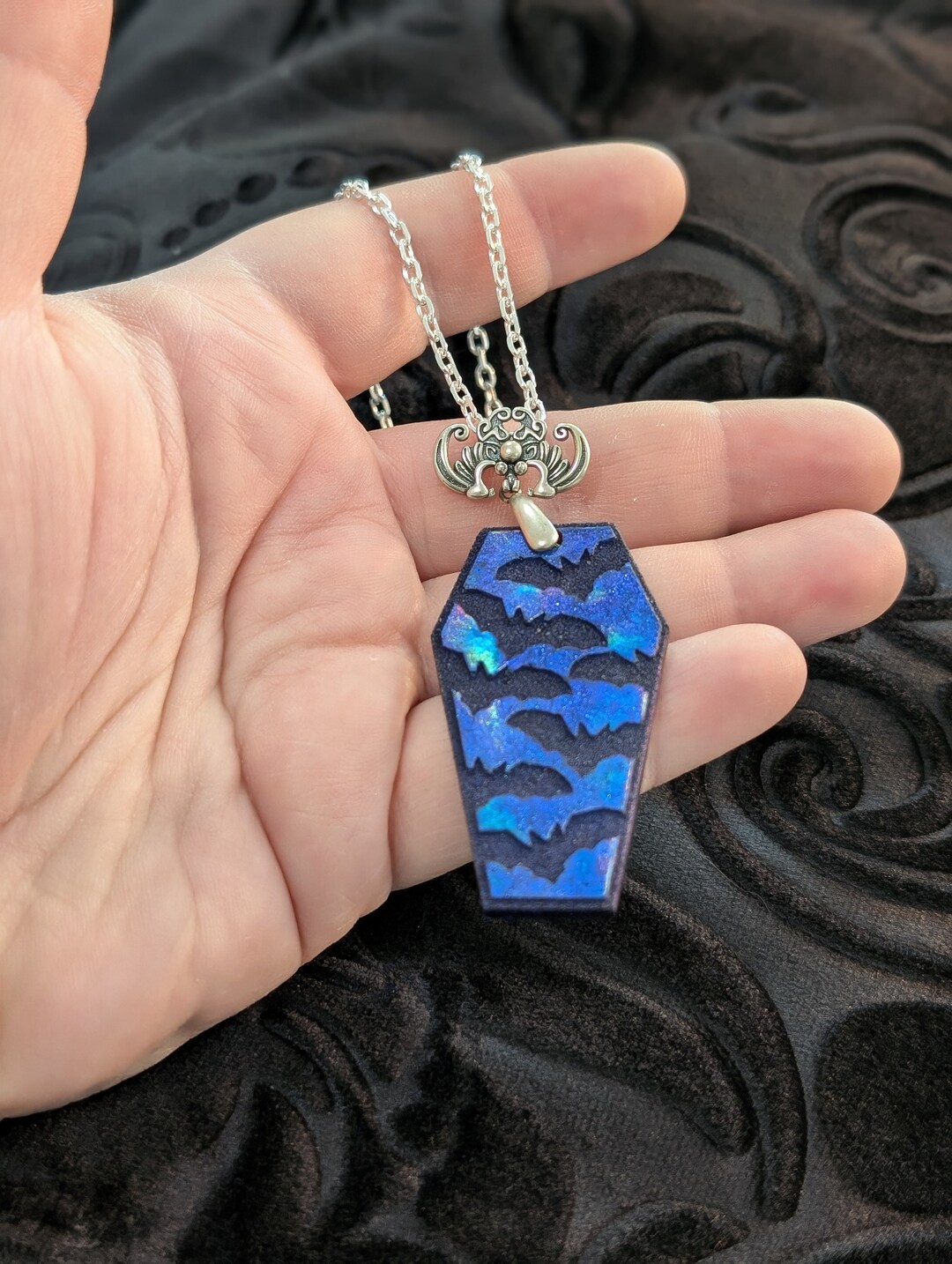 Holographic Blue Resin Bat Coffin Necklace With Sterling Silver Bat ...