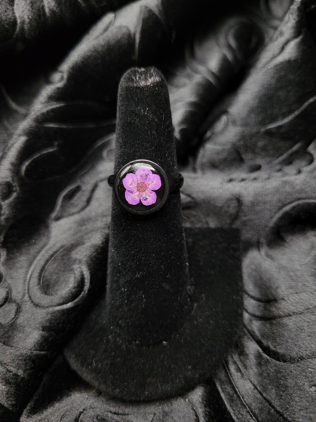 Goth Black Stainless Steel Adjustable Resin Pressed Flower Ring - Etsy