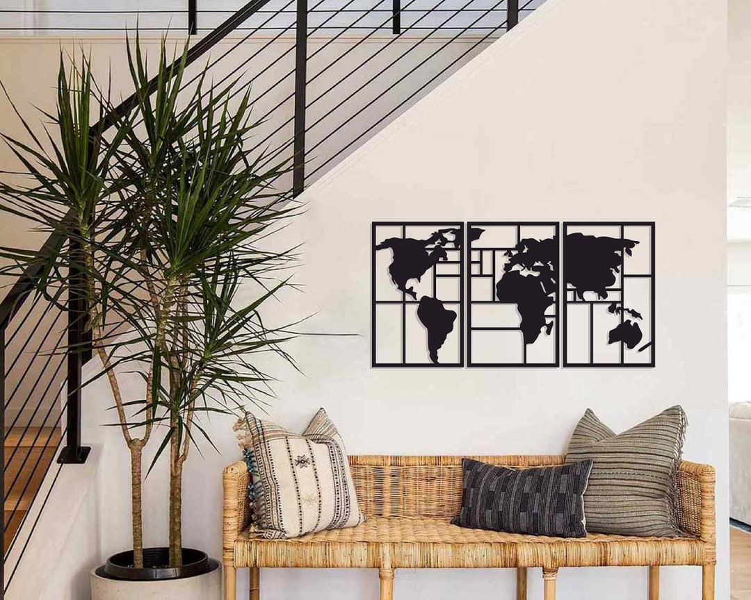 World Map Three Panels Wall Decor, Map Wall Art, Metal Wall Art, Living ...