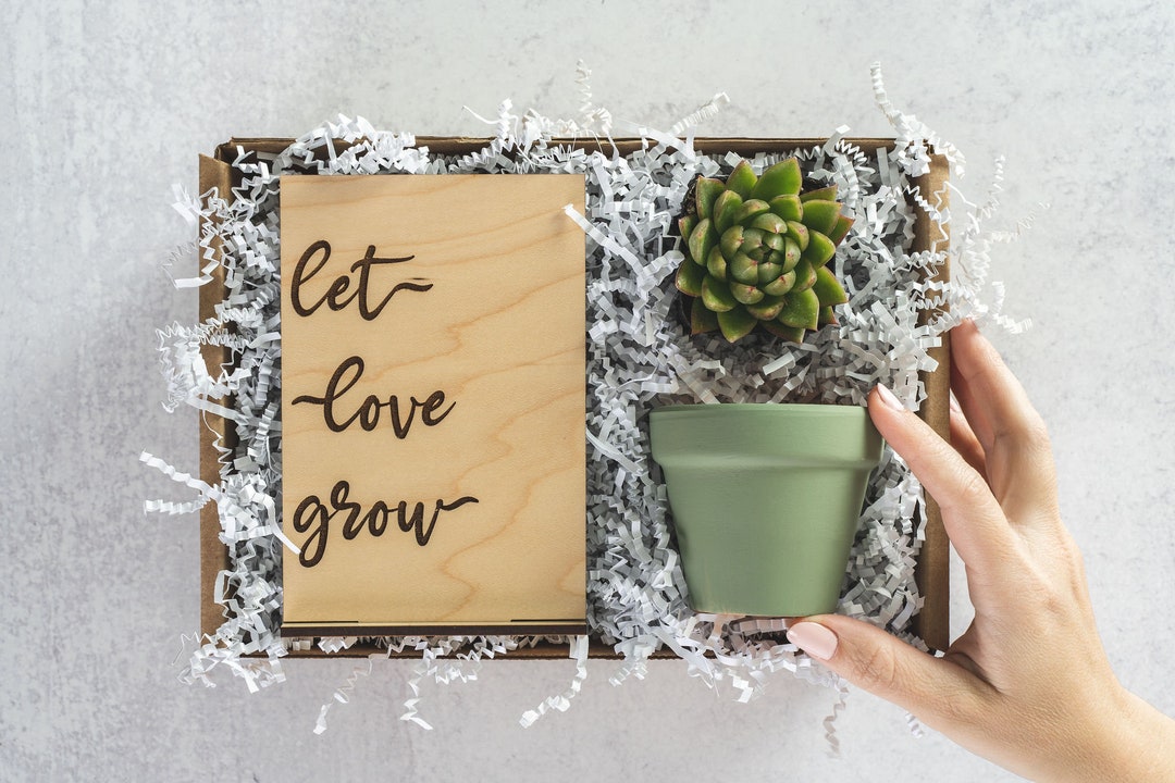 Let Love Grow, Succulent Gift Box, Wood Card, Engagement Gift Box ...