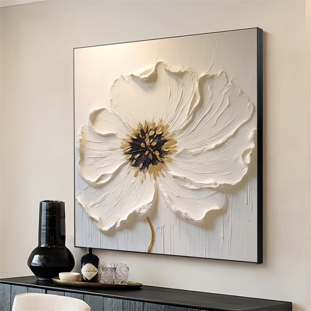 Creamy White 3D Texture Flower Painting Abstract Flower Textured Wall ...