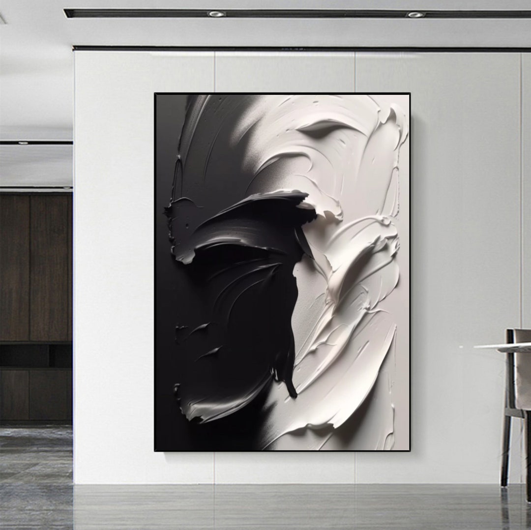 White 3D Texture Painting Black and White Minimalist Wall Art Black ...