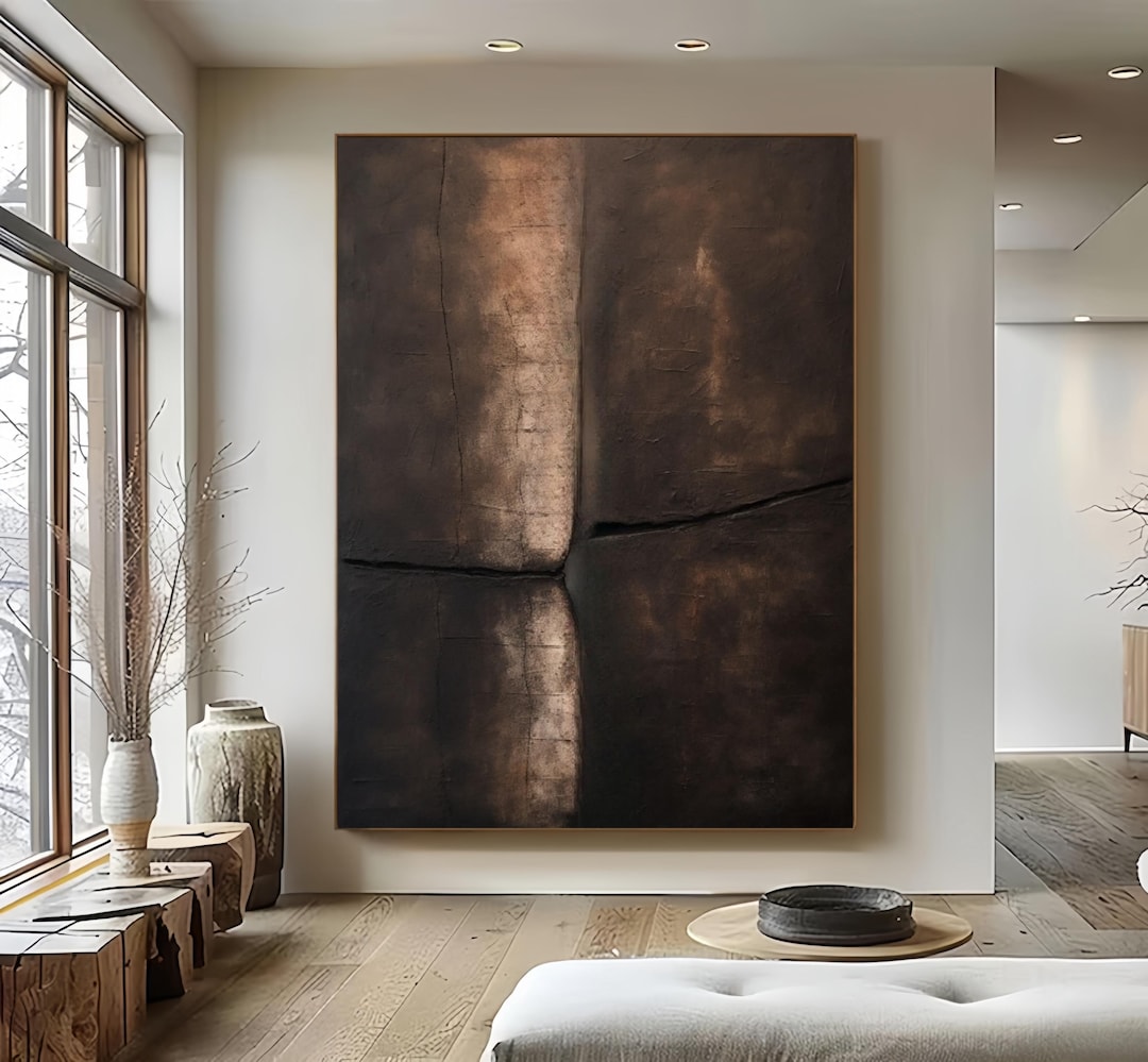 Large Brown Wall Art, Framed Abstract Canvas , Moody Neutral Atmosphere ...