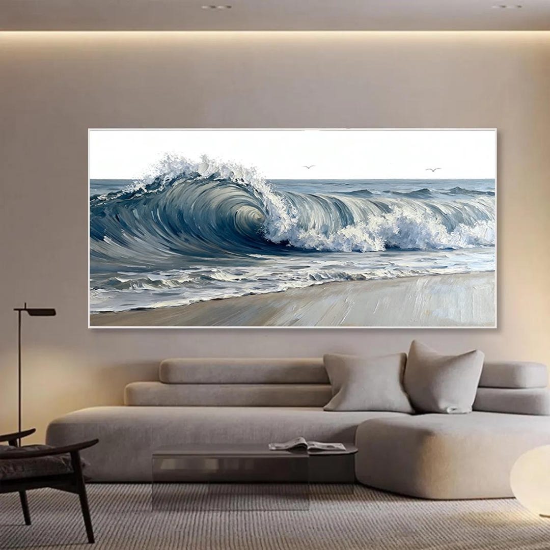 Large Blue Texture Ocean Wave Painting: 3D Beach Wall Art White Wave ...