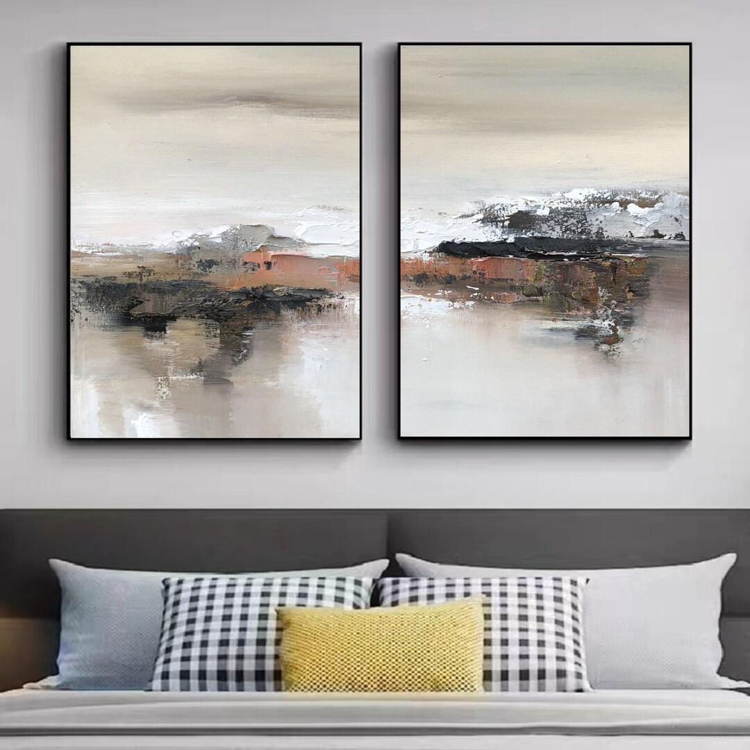 Set of 2 Beige Abstract Painting Abstratc Wall Art Landscape - Etsy