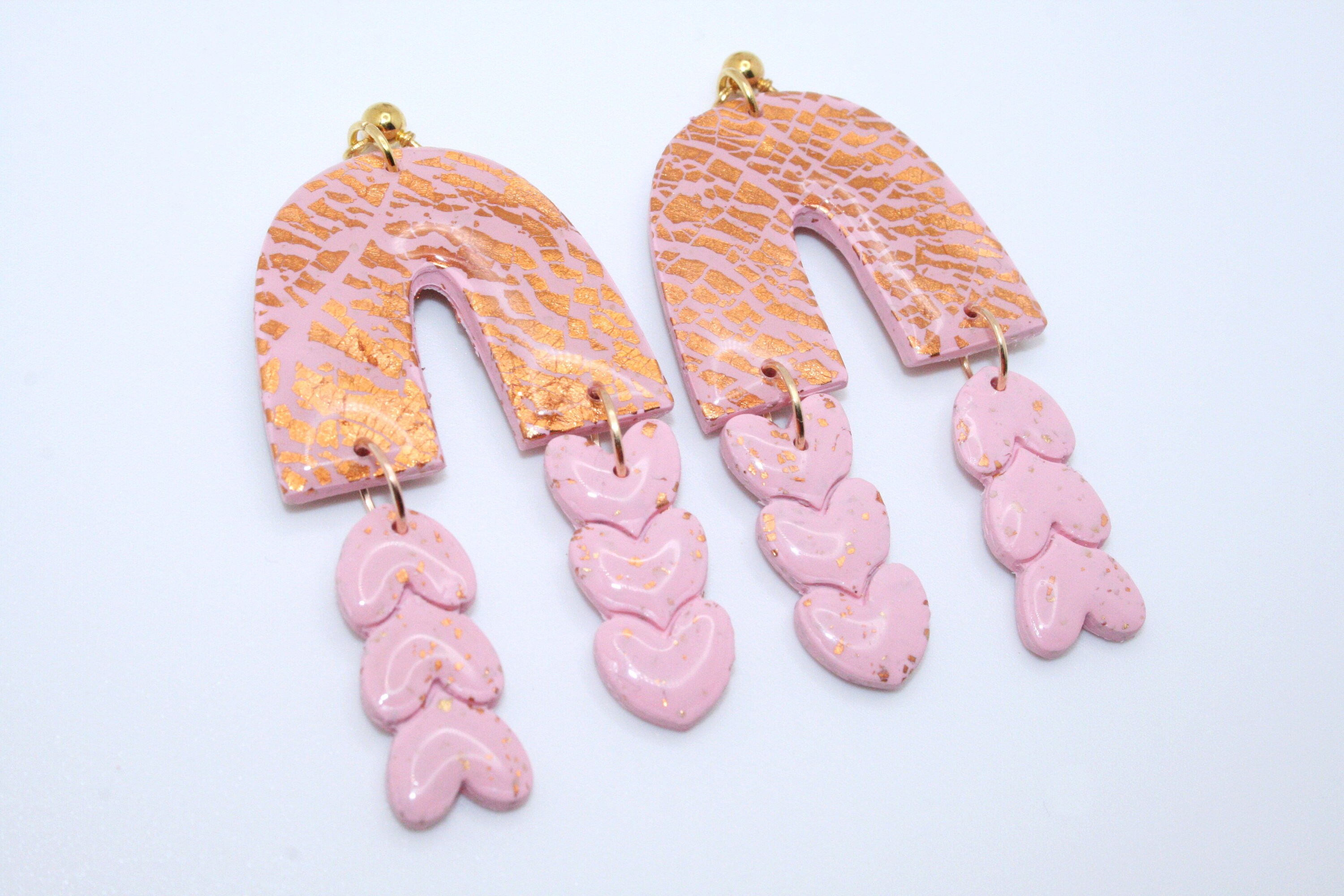 Rose Gold Arch With Pink Heart Charms Dangle Earrings | Etsy