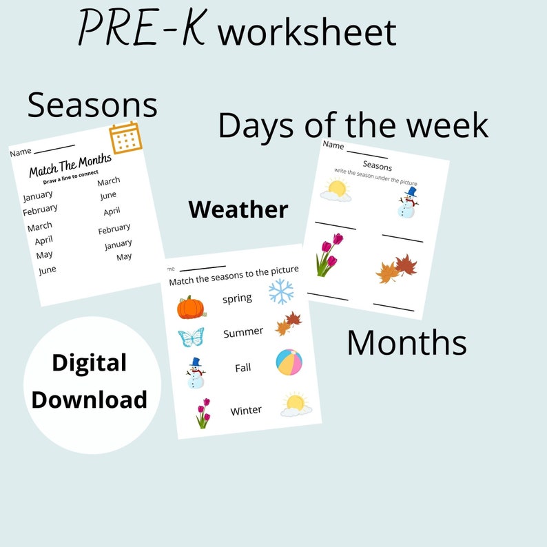 PRESCHOOL WORKSHEETS , Season , Months , Days of the Week - Etsy