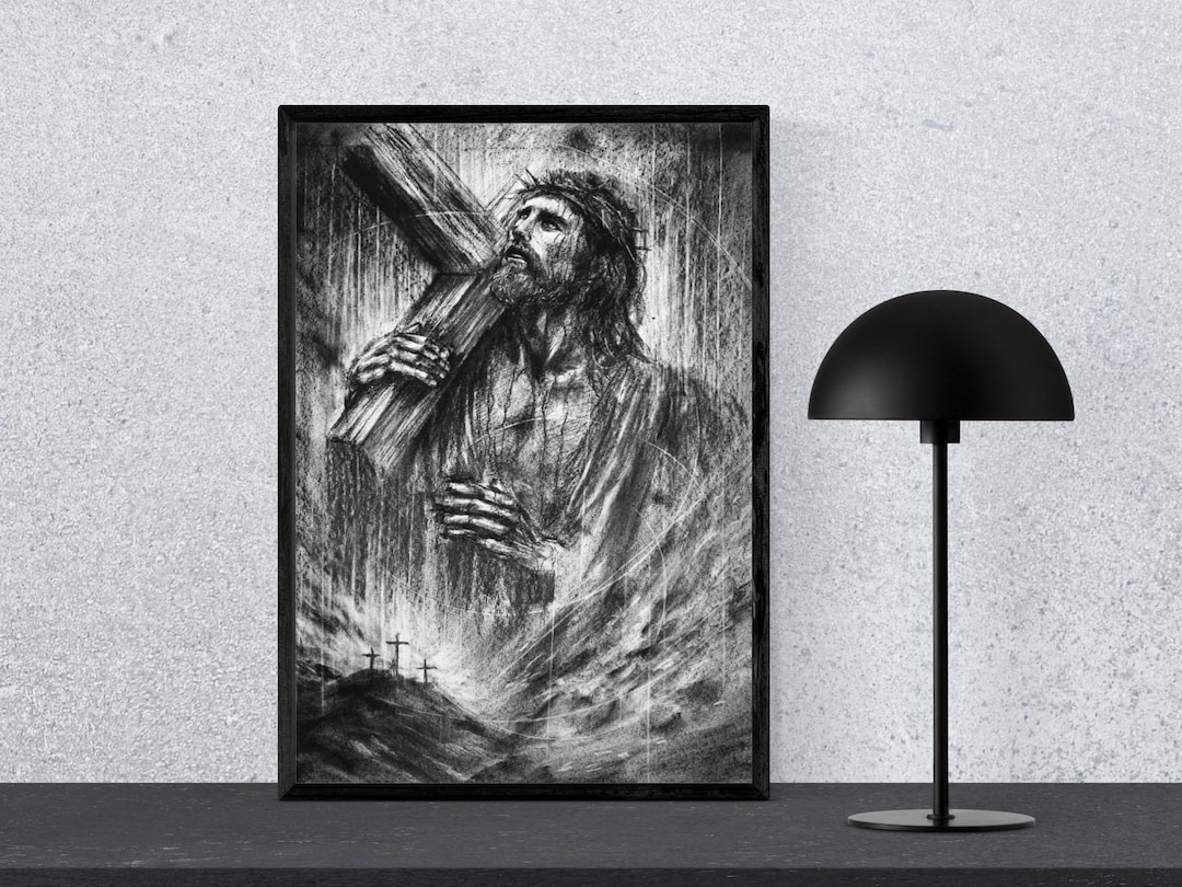 Crown of Thorns Jesus Portrait |carrying the Cross | Charcoal Drawing ...
