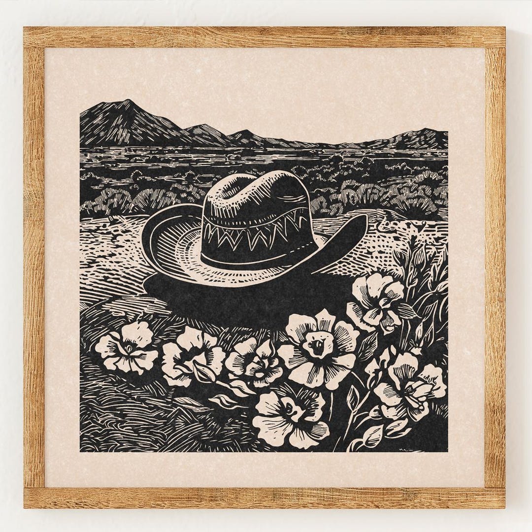 Cowboy Hat - Charity Vintage Linocut Style Print - Wild West - Boho ...
