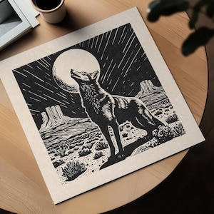 Coyote Moon - Charity Vintage Linocut Style Print - Wild West - Boho ...