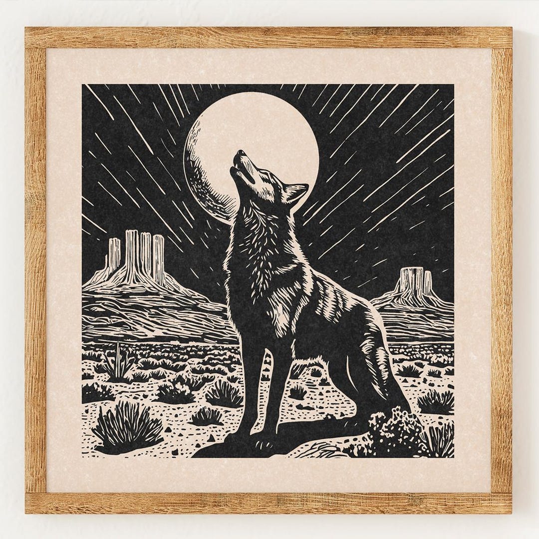 Coyote Moon - Charity Vintage Linocut Style Print - Wild West - Boho ...
