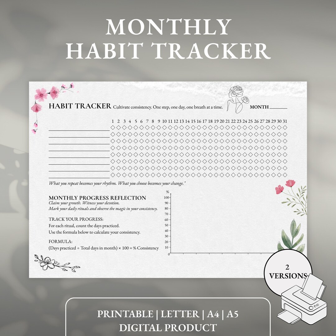 Printable Monthly Habit Tracker | Minimalist Self-care Planner (digital ...