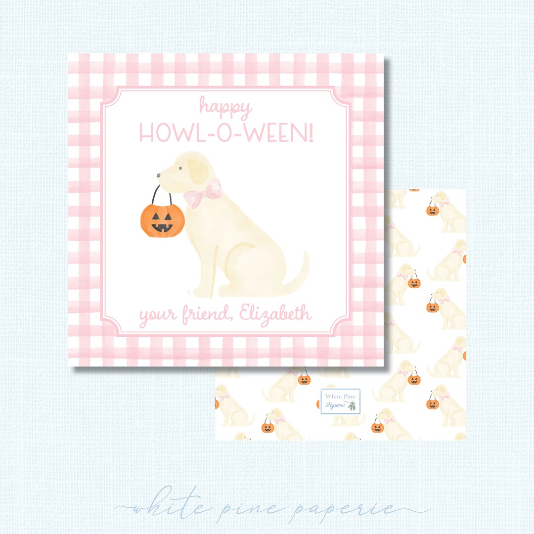 Howloween Dog - Pink Gingham Halloween Watercolor Gift Tag or Stickers ...