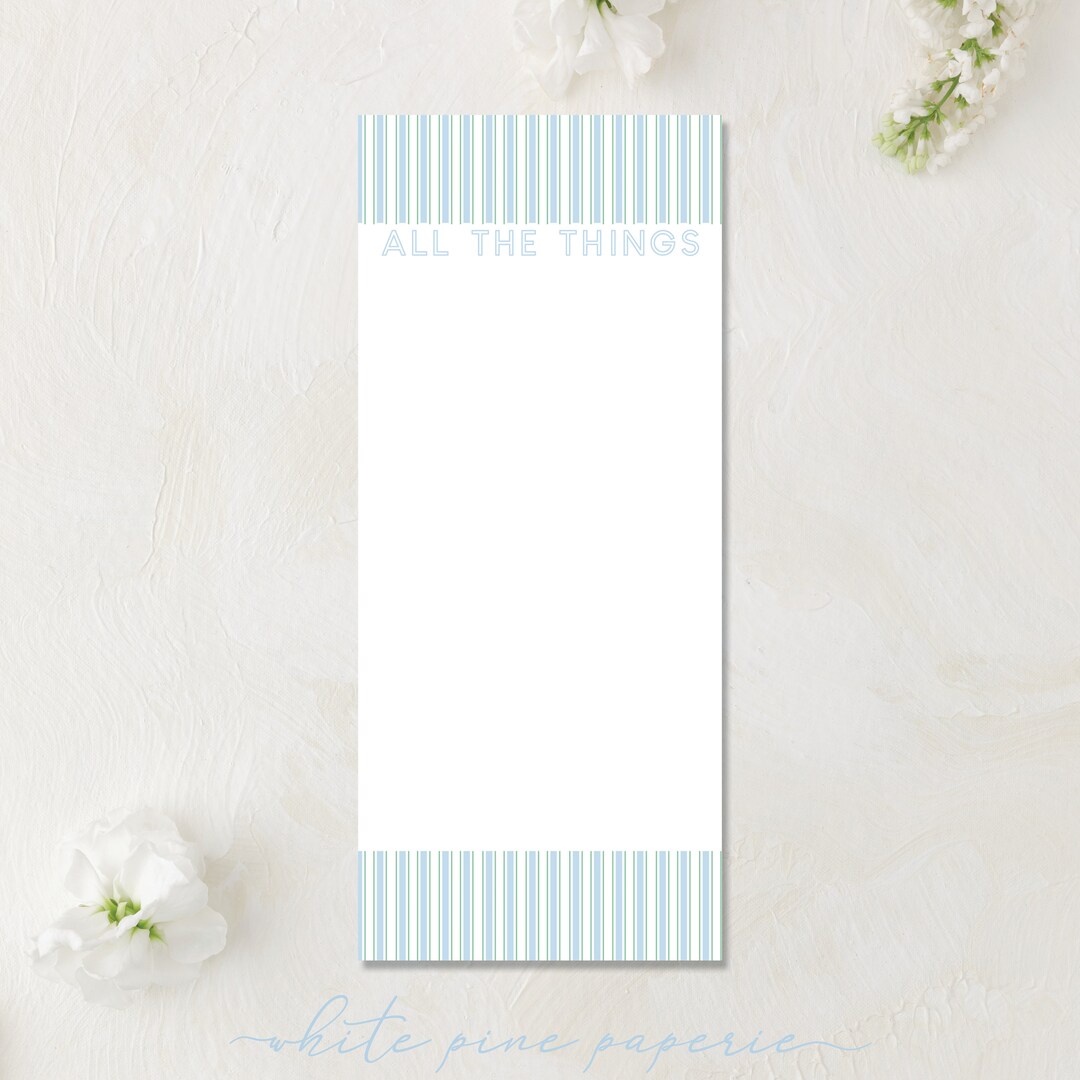 All the Things Notepad // Blue and Green Ticking Stripe // 3x8 Notepad ...