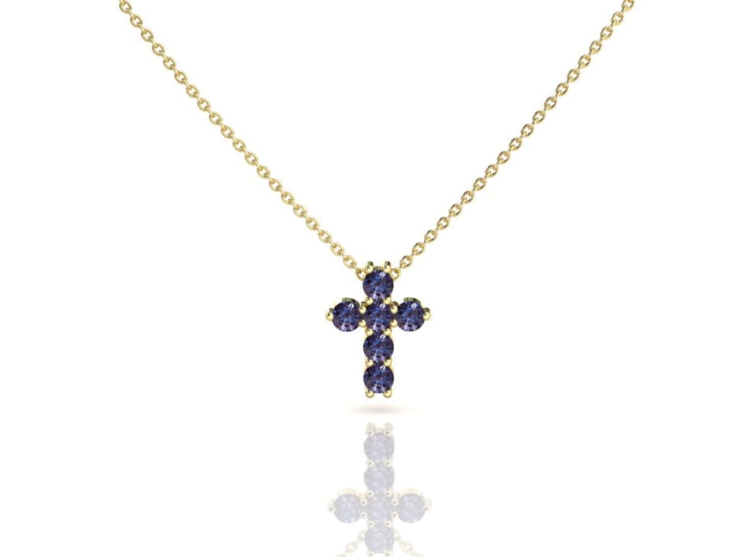Alexandrite Cross Necklace, Layering Pendant, 14k Yellow Gold, Color ...
