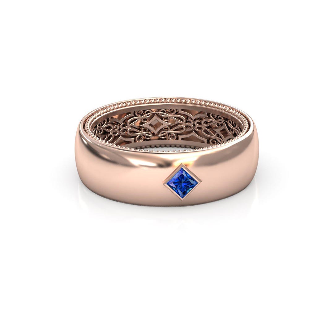 Men's Blue Sapphire Wedding Band, Rose Gold, His Wedding Ring, 7mm Band ...