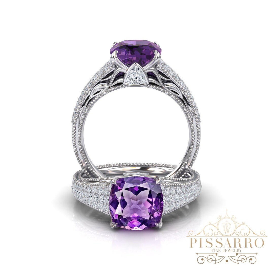 Amethyst Engagement Ring, 2 Carat Cushion Cut Natural Gemstone, Pave ...