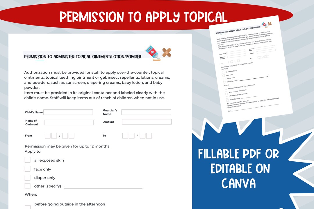 Childcare Ointment Permission Form, Fillable PDF - Etsy